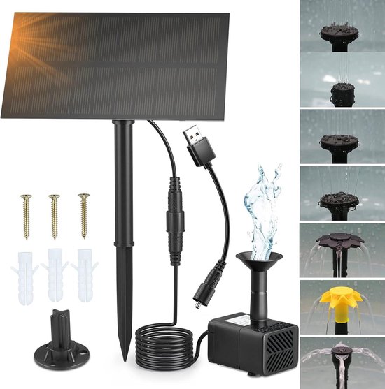 Fonteinpompset op zonne-energie - 7 sproeiers voor tuin vogelbad vijver ...