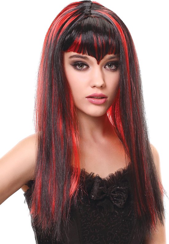 STYLER - Lange zwart-rode vampier pruik met franje voor dames - Pruiken ...