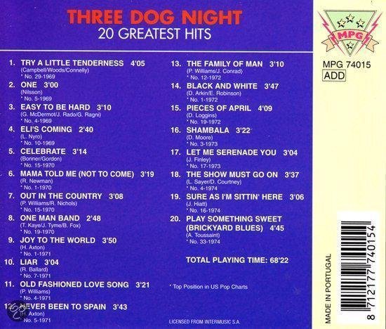 20 Greatest Hits, Three Dog Night | CD (album) | Muziek | bol