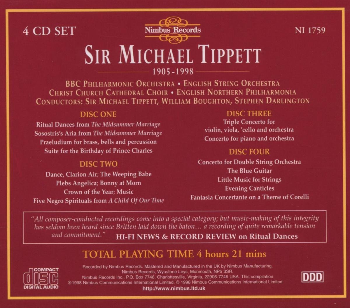 Various Artists - Tippett: The Nimbus Recordings (4 CD), various ...
