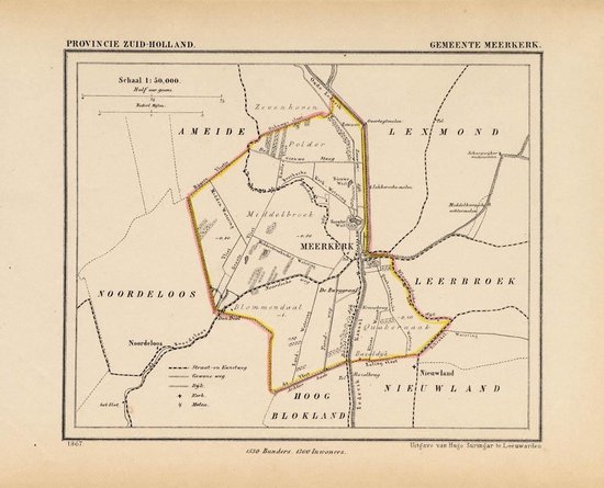 Historische kaart, plattegrond van gemeente Meerkerk in Zuid Holland ...