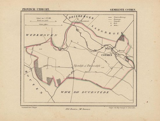 Historische kaart, plattegrond van gemeente Cothen in Utrecht uit 1867 ...