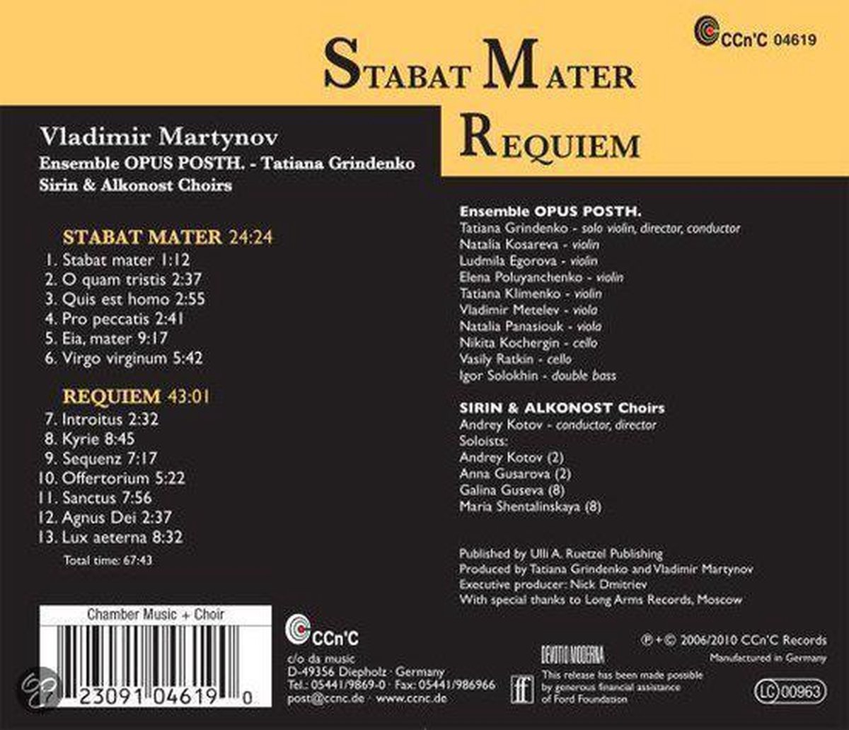 Temenos-Stabat Mater/Requ, Opus Posth & Tatiana Grindenko | CD (album ...