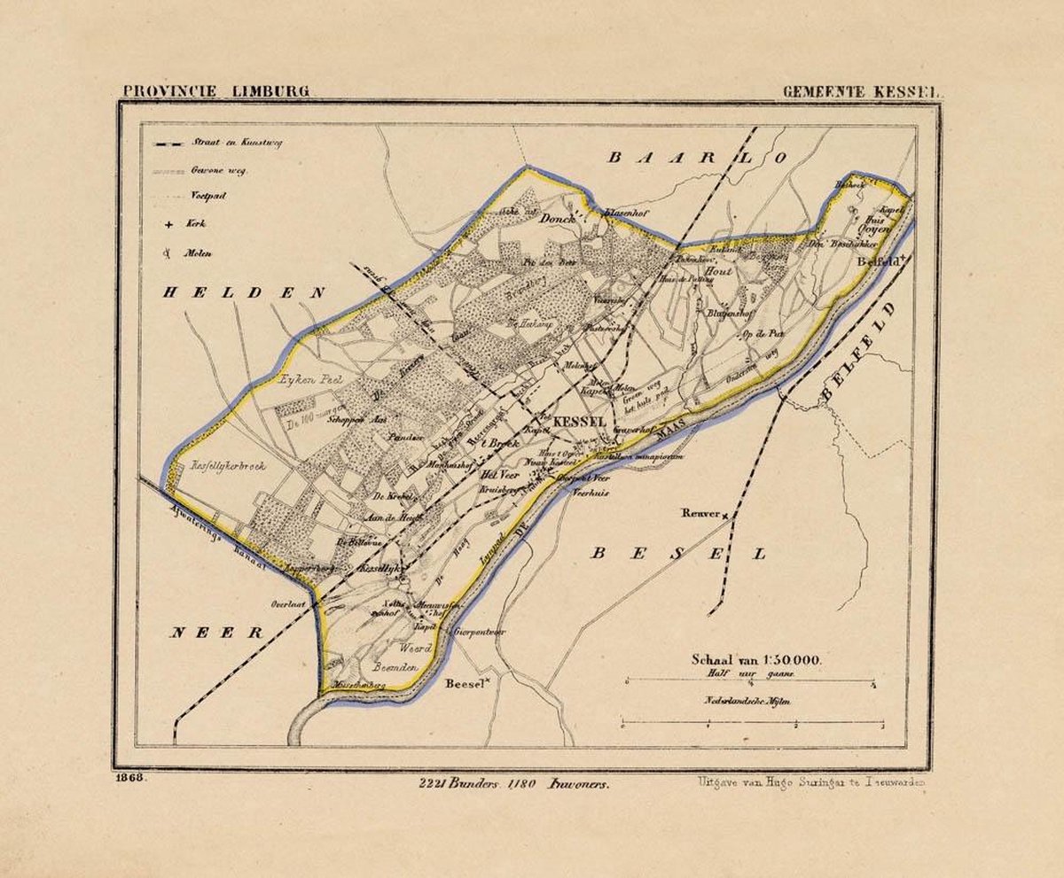 Historische kaart, plattegrond van gemeente Kessel in Limburg uit 1867 ...