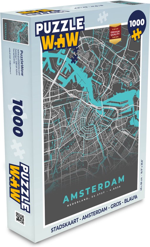 Puzzel Stadskaart - Amsterdam - Grijs - Blauw - Legpuzzel - Puzzel 1000 ...