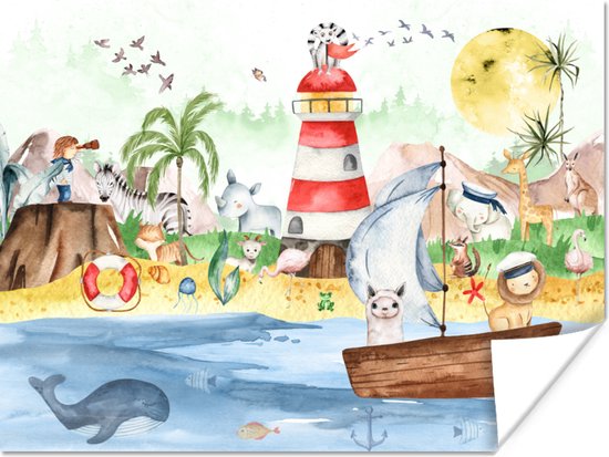 Poster kinderen - Wanddecoratie jongens - Strand - Dieren - Kinderen ...