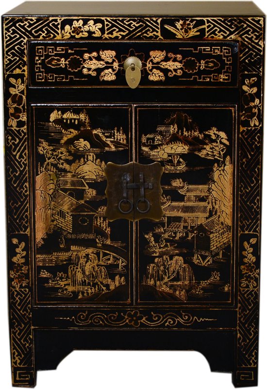 Fine Asianliving Chinese Kast Zwart Handgeschilderde Dorp B58xD37xH85cm ...