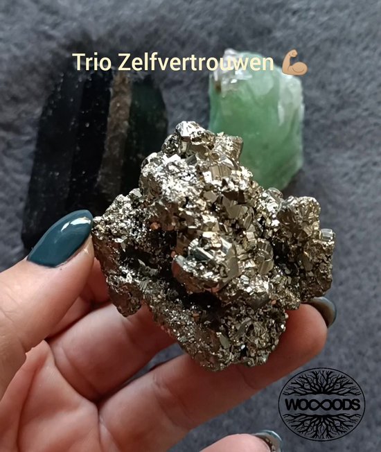 Trio Zelfvertrouwen - Ruwe Pyriet - Groene Calciet - Zwarte Toermalijn ...