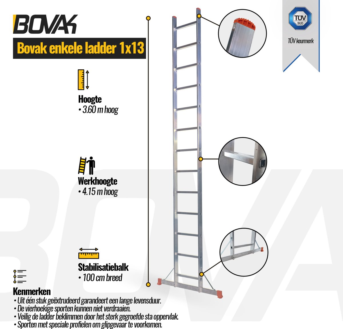 Bovak enkele ladder- rechte ladder 1x13 treden - stabilisatiebalk ...