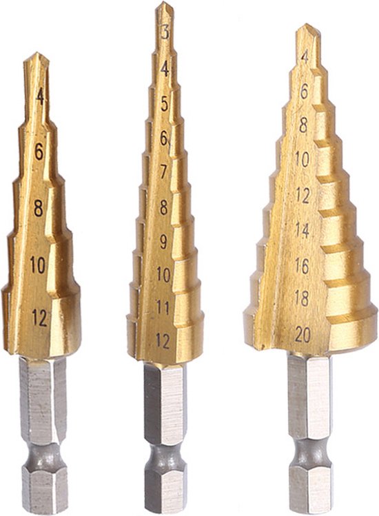Stapboren set - 3 stuks - HSS - Titanium Coated - 3-12mm 4-12mm 4-20mm ...