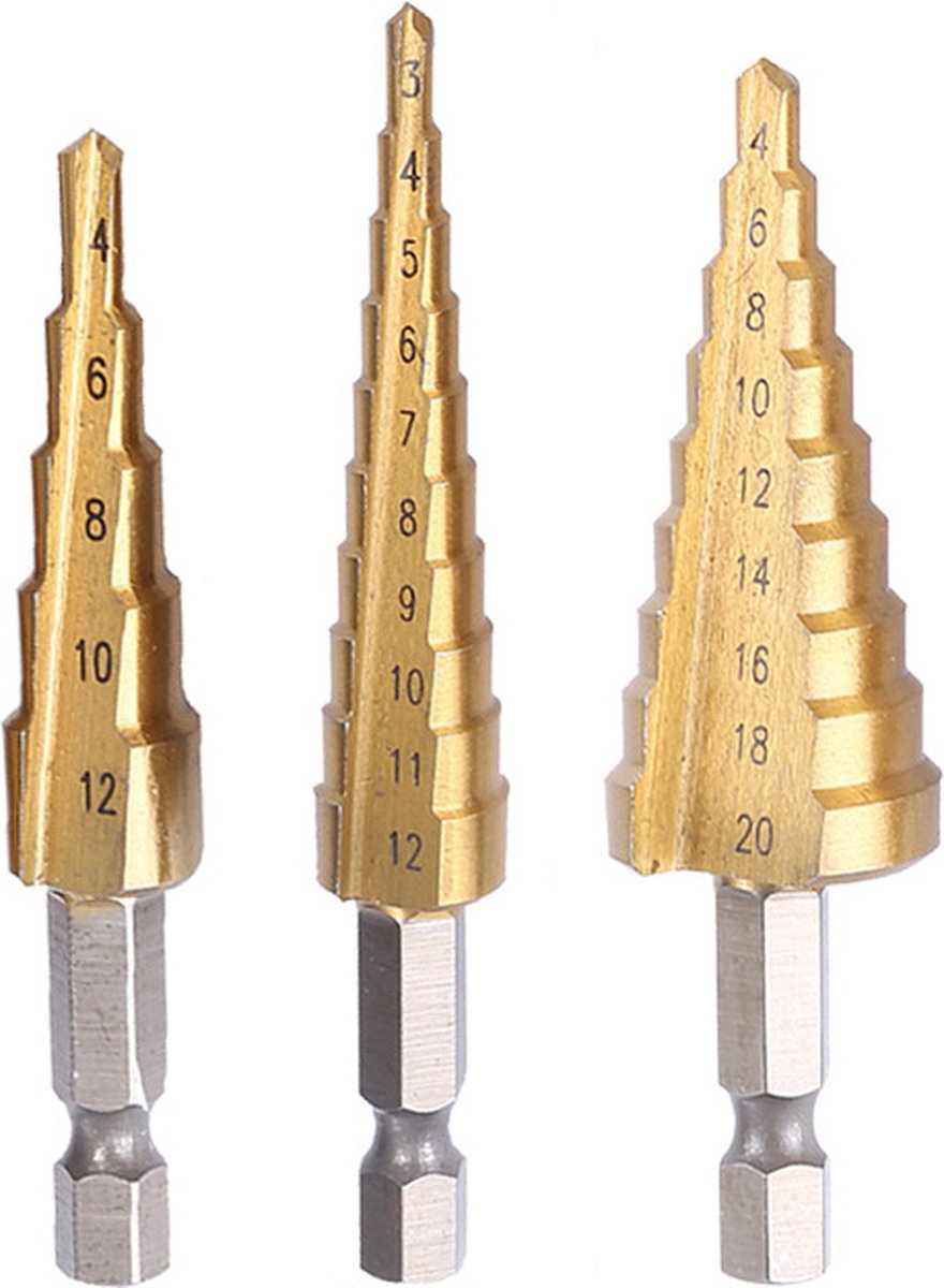 Stapboren set - 3 stuks - HSS - Titanium Coated - 3-12mm 4-12mm 4-20mm ...