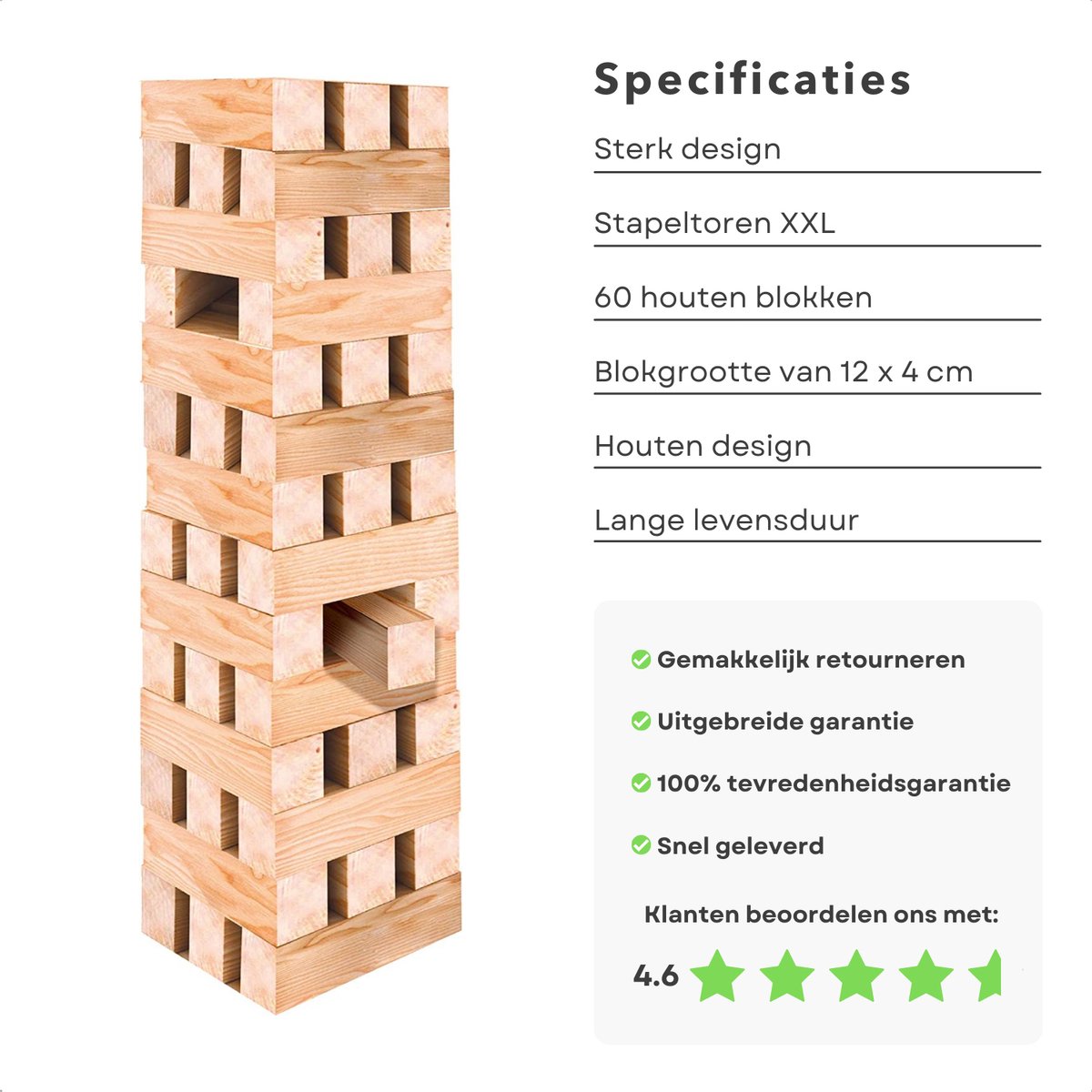 Cheqo® XXL Stapeltoren - Torenspel - Houten Toren - Spelletje - Speelgoed - 60 Delig |... | bol.com