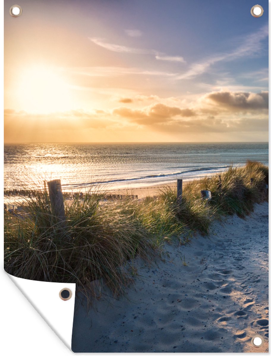 Muurdecoratie buiten Zonsondergang - Strand - Duin - Gras - Bank ...
