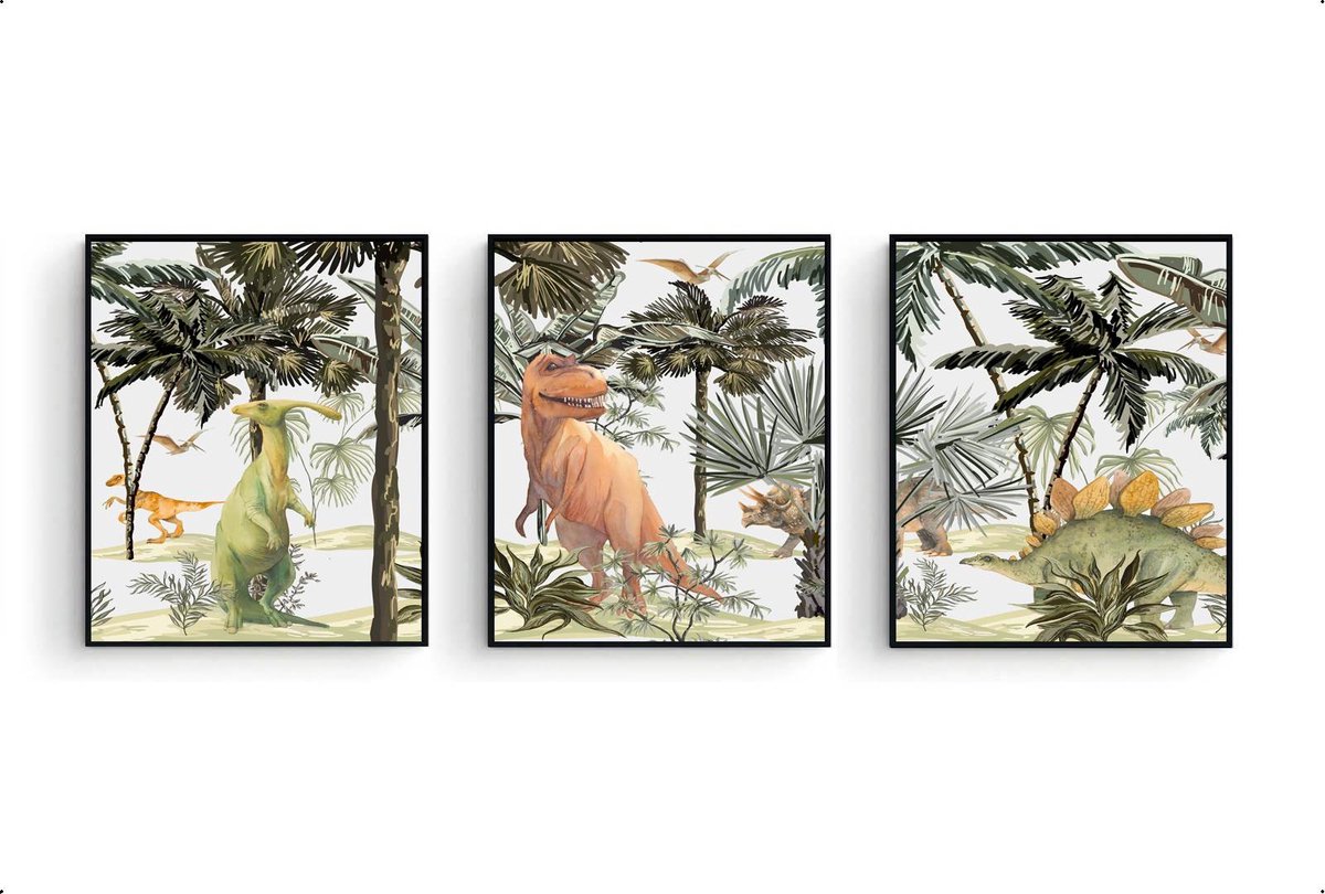 Postercity - Poster Set 3 Dinosaurus t-rex triceratops stegosaurus in ...