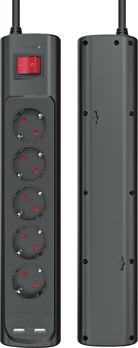 Monster - Stekkerdoos met Overspanningsbeveiliging - 5-voudig + 2 USB ...