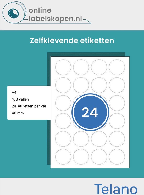 25 stuks Stickervellen A4 Printetiketten ROND Wit 40 mm – 24 Ronde ...
