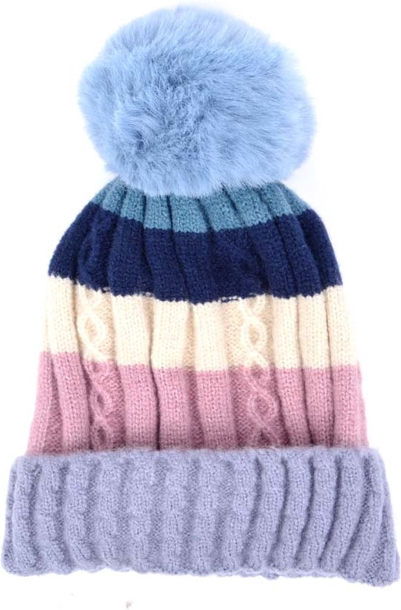Pompon muts gestreept - lichtblauw | bol.com