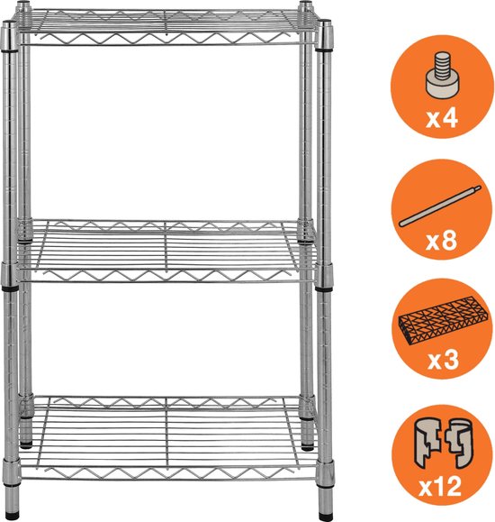 SPACEO - opbergrek metaal - metalen rek in chroom - met 3 planken - B60 ...