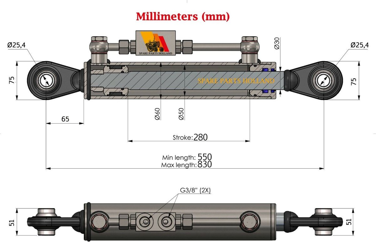 Hydraulische Topstang cat. 2-2 met blokkeerblok 550-830 mm met 2 x ...