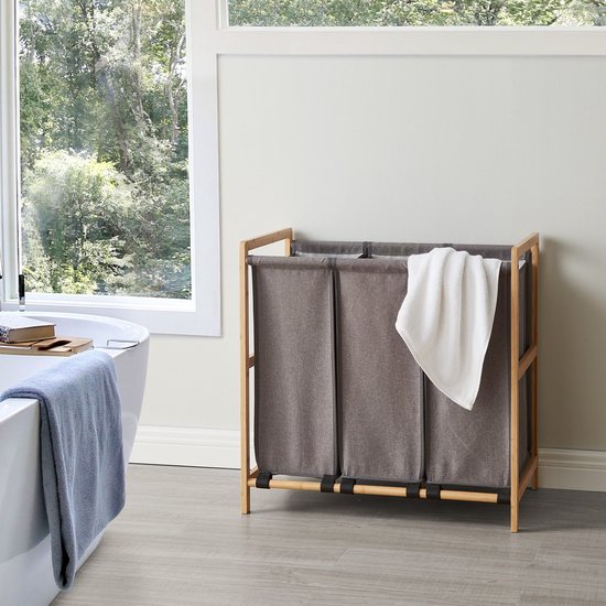 ACAZA Wasmand - Wassorteerder met 3 Vakken - Stof / Bamboe - Grijs ...