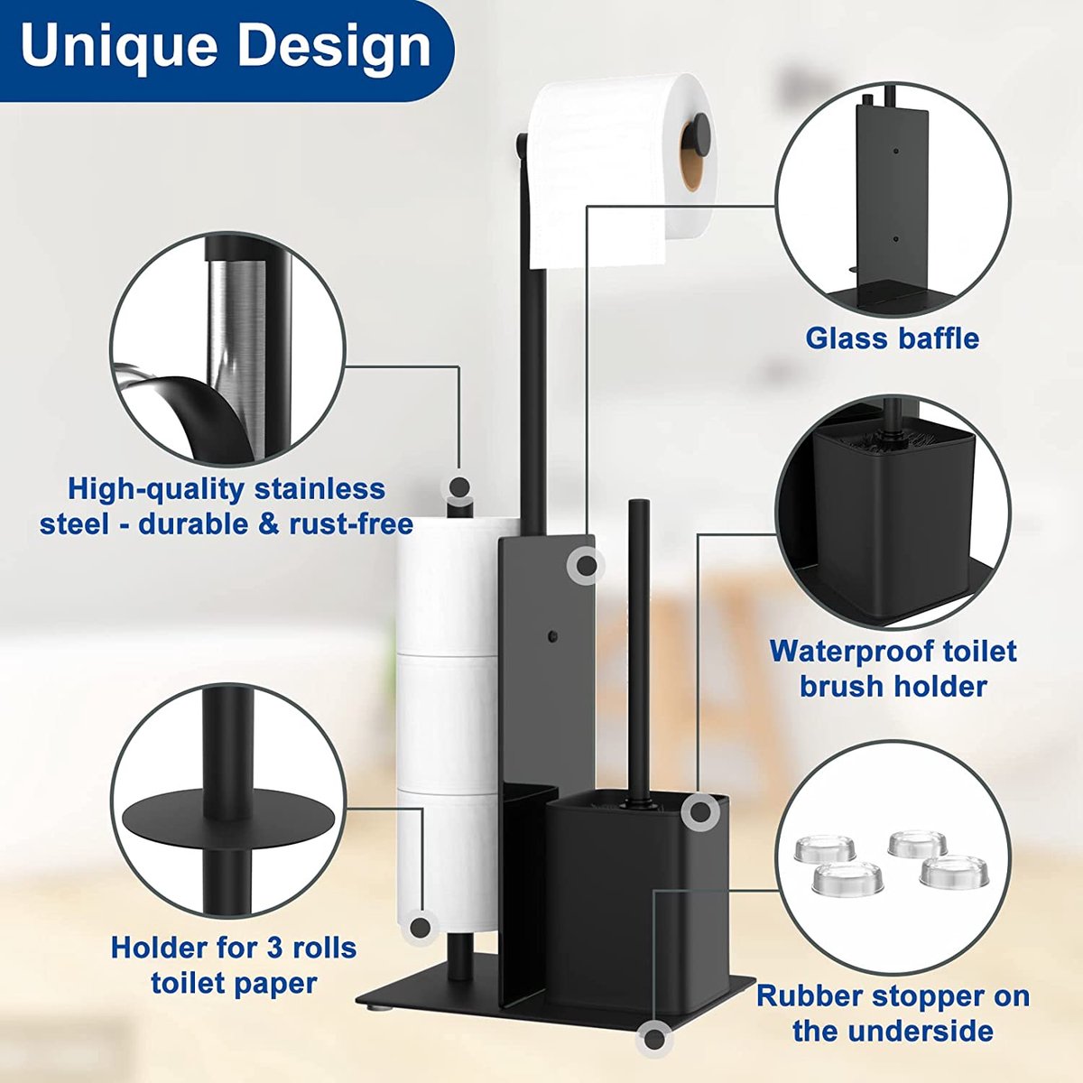 Roestvrij stalen wc-rolhouder staand met toiletborstel ...