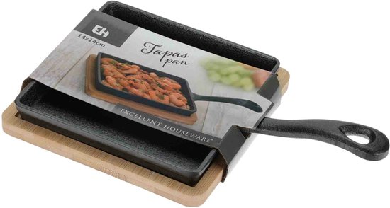 Excellent Houseware Serveerpannetje met plank - gietijzer - bamboe hout ...