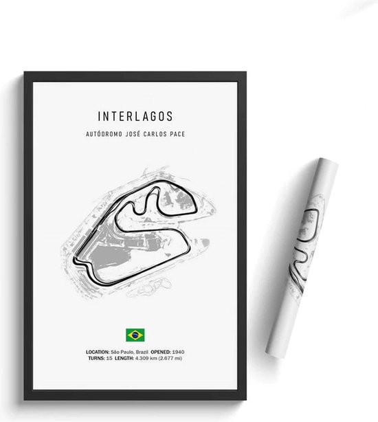 Interlagos (Brazilie) Circuit op Canvas incl. Lijst - Met Plaatselijke ...