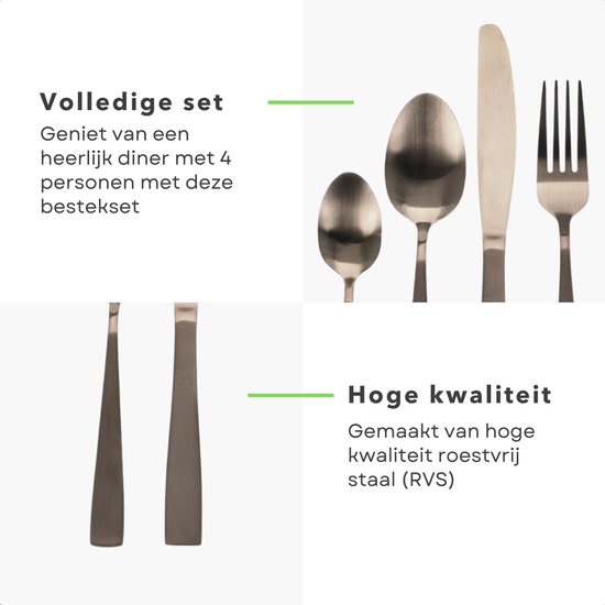 Cheqo® Luxe Mat Goud Bestekset - RVS - Matte Goud - 16 Delig - Goud ...