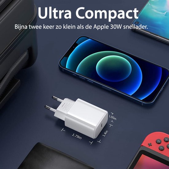 30W USB C Oplader met Gecertificeerde Lightning USB-C Kabel - 2 Meter ...