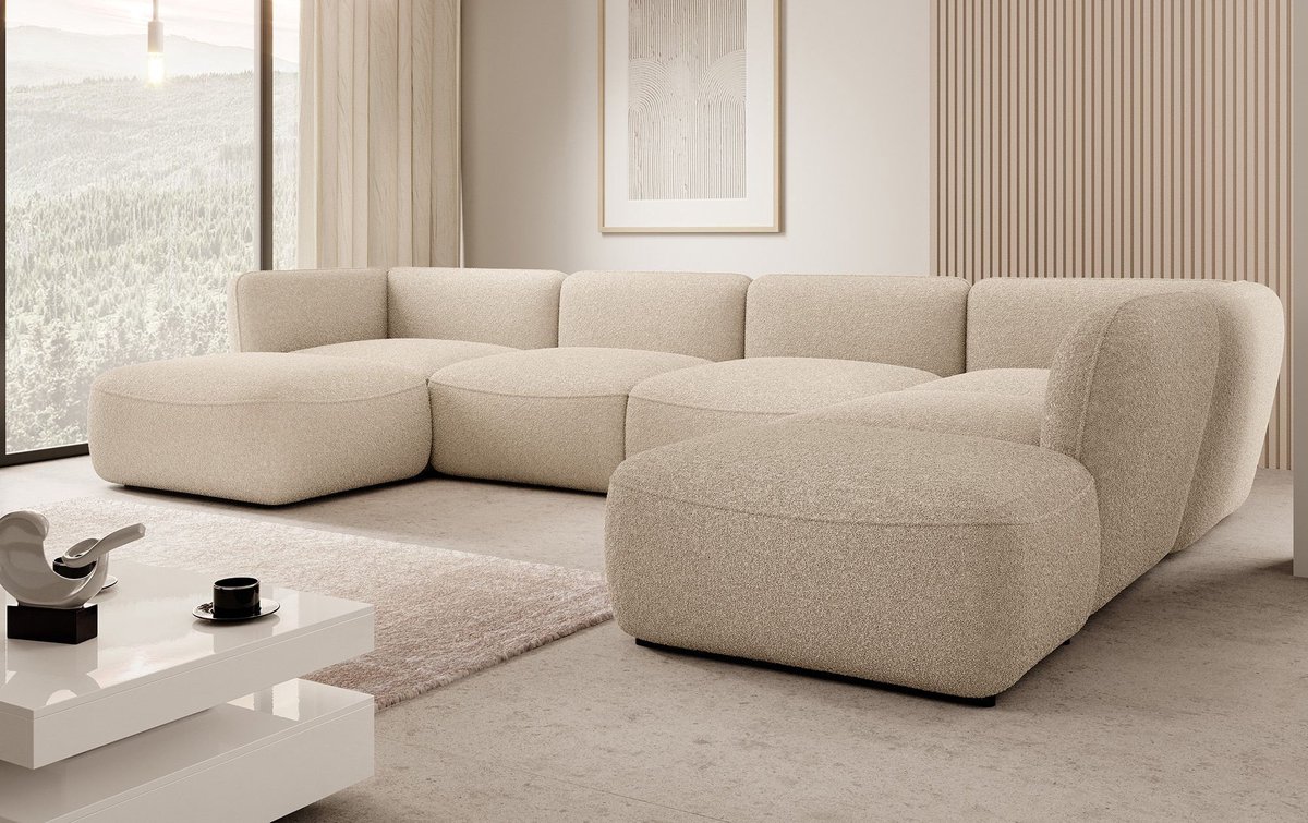 Meubella - Canapé d'angle Caesar - Beige - Tissu Teddy Boucle - Droit ...