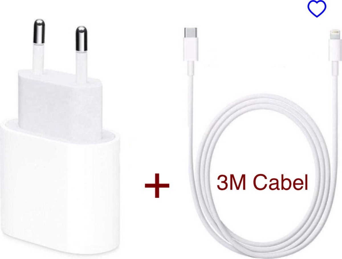 iPhone oplader - 20W USB-C Snelle oplader inclusief 3meter oplaadkabel ...