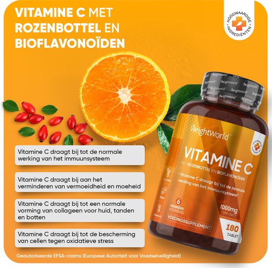 WeightWorld Vitamine C 1000 mg - 180 tabletten voor 6 maanden - Met ...