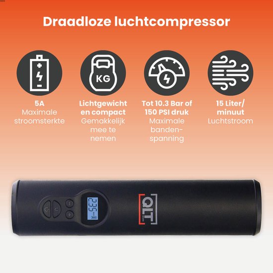 QLT Draadloze Luchtcompressor met LED Verlichting - Elektrische pomp ...