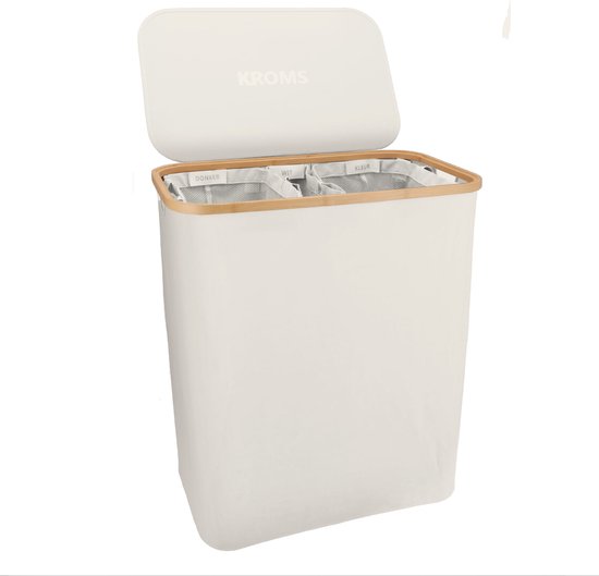 KROMS Wasmand 3 vakken - Beige - Wassorteerder bamboe - Laundry basket ...