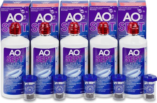 1 x AOSEPT PLUS Multipack - 5 x 360 ml + 5 lenshouder met platina disc - Lenzenvloeistof | bol