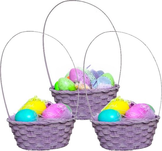 Kaemingk Rieten mandje met hengsel - 3x - paars - D20 x H38 cm - paasmandje | bol