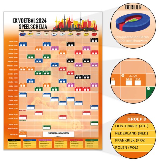 Speelschema Poster EK voetbal 2024 | 50 x 70 cm | Oranje | bol