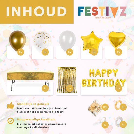 Festivz Gouden Happy Birthday Set - Goud –- Decoratie – Feestversiering ...