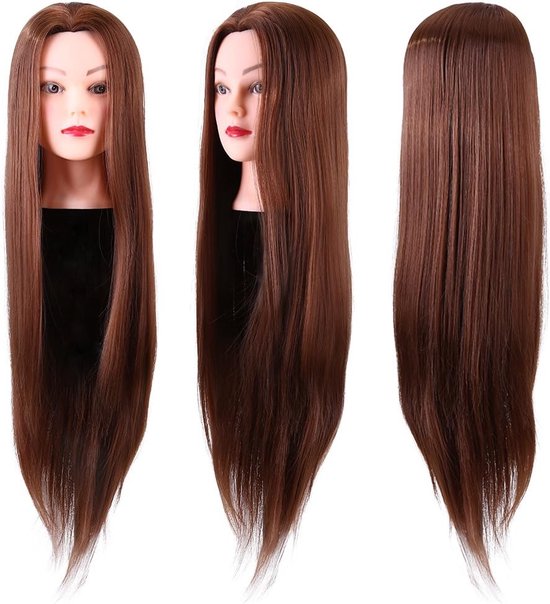 Synthetisch haar oefenhoofd bruin voor tafelklem - lang haar model voor ...