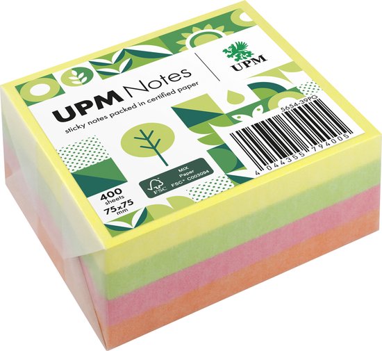 UPM sticky notes - 4 x 100 vel - 75x75mm - roze, geel, groen, oranje ...