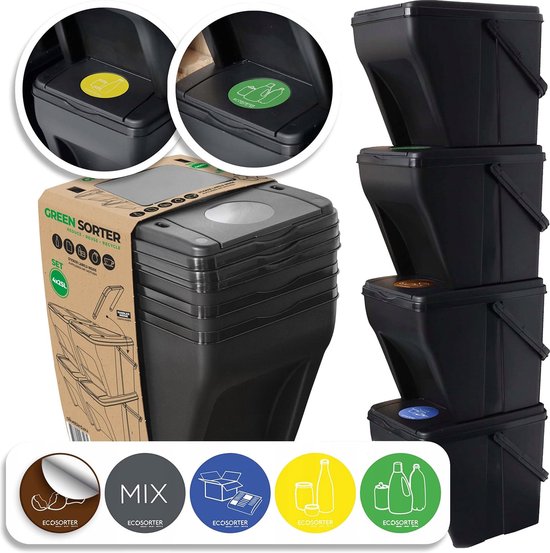 Vuilnisbak 4 vakken afvalscheidingssysteem 100 l - 4 x 25 l groen ...