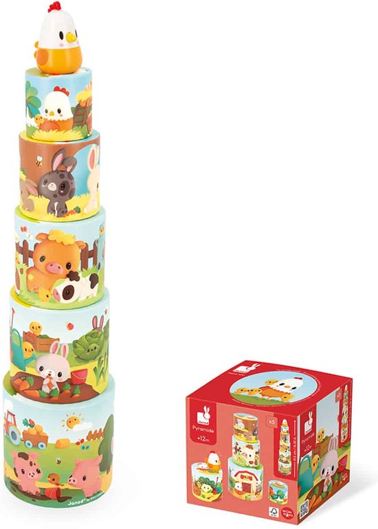 Janod Boerderij - Mijn Eerste Kippenpiramide - Stapeltoren - 5 Cilinders En 1 Houten... | bol