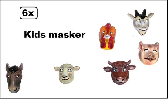 6x Masker boerderij dieren Kids - assortie - Thema feest thema feest ...