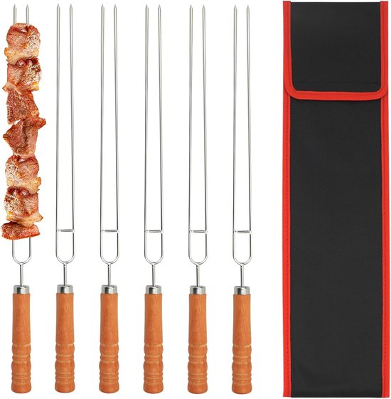 Grillspiesen 6 stuks met nylon tas - houten handvat - dubbele spiesen ...
