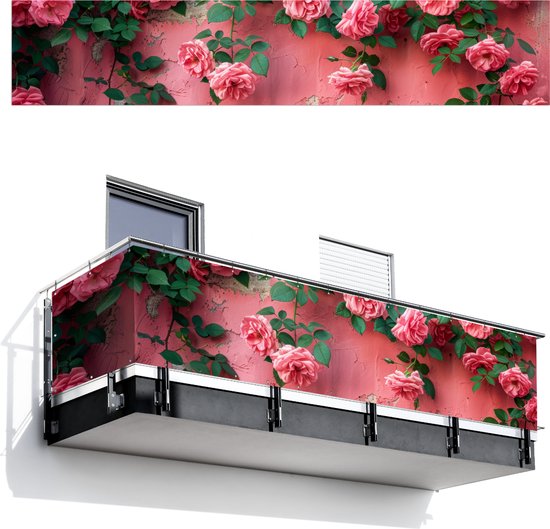 Balkonscherm 500x100 cm - Balkonposter Roze - Bloemen - Rozen - Bladeren - Balkon... | bol