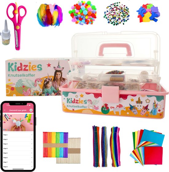 Kidzies XXL Unicorn Knutselkoffer 1600 + knutselspulletjes - Lichtroze ...