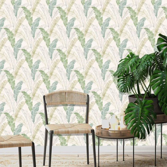 DUTCH - WALLCOVERINGS - Behang - Tropical - Leaf - grijs - en - groen | bol