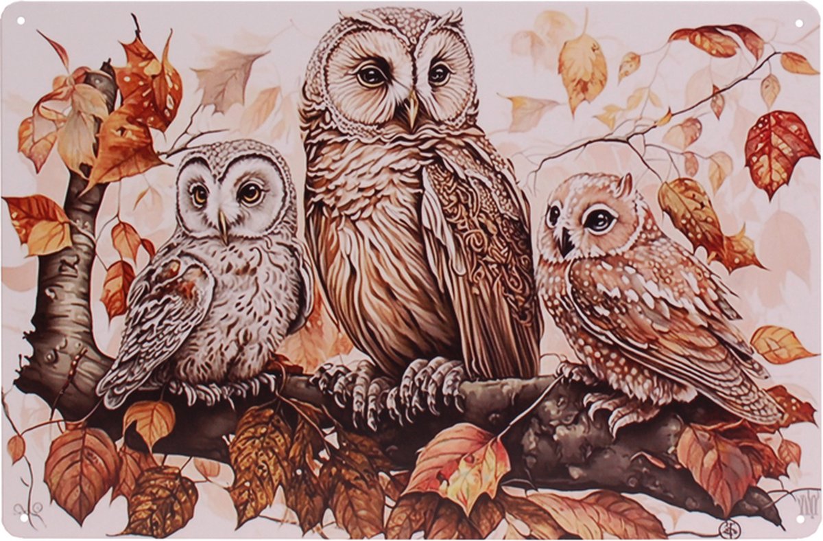 Metalen Plaatje - 3 Uilen op Boomtak - 20x30cm | bol