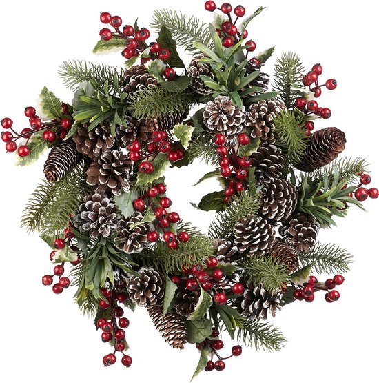 Traditionele imitatie Kerstkrans met Dennentakken, Kerstgroen, rode ...