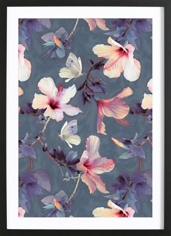 JUNIQE - Poster in premium houten lijst Vlinders en hibiscus - patroon ...